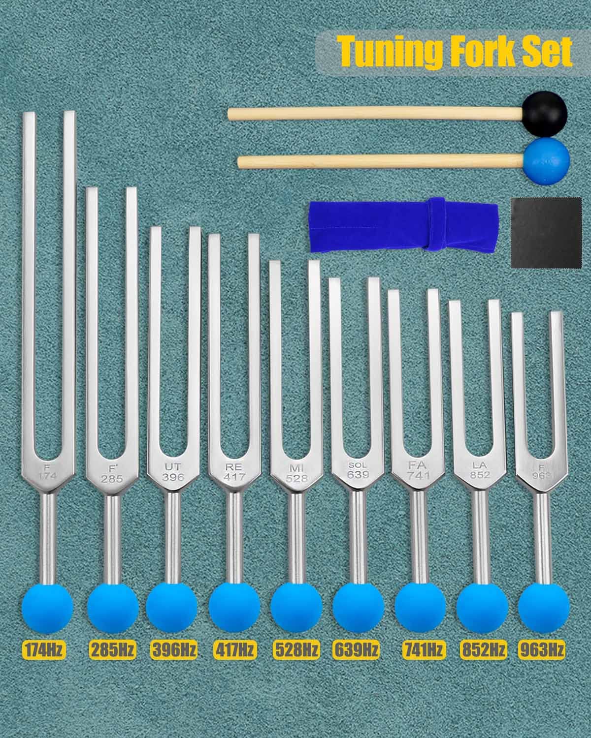 Tuning Fork Set 9 Pcs Tuning Forks with Reflex Hammer for DNA Healing Chakra Sound Therap for Buddhists Yoga Teacher Sound Healer (174 Hz, 285 Hz, 396 Hz, 417 Hz, 528 Hz, 639 Hz etc)