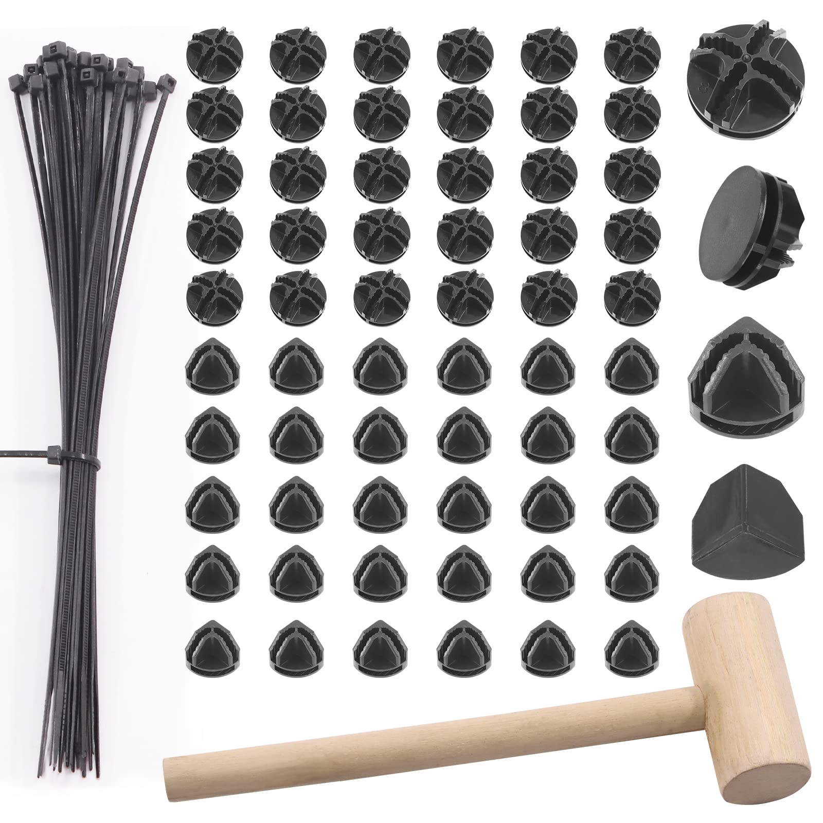 Swpeet 91Pcs 2 Styles Black Cube Plastic Connector with Cable Ties and Wooden Mallet Assortment Kit, Cube Round and Right Angle Organizer Connector Wire Grid Heavy Duty Zip Ties for Shelving