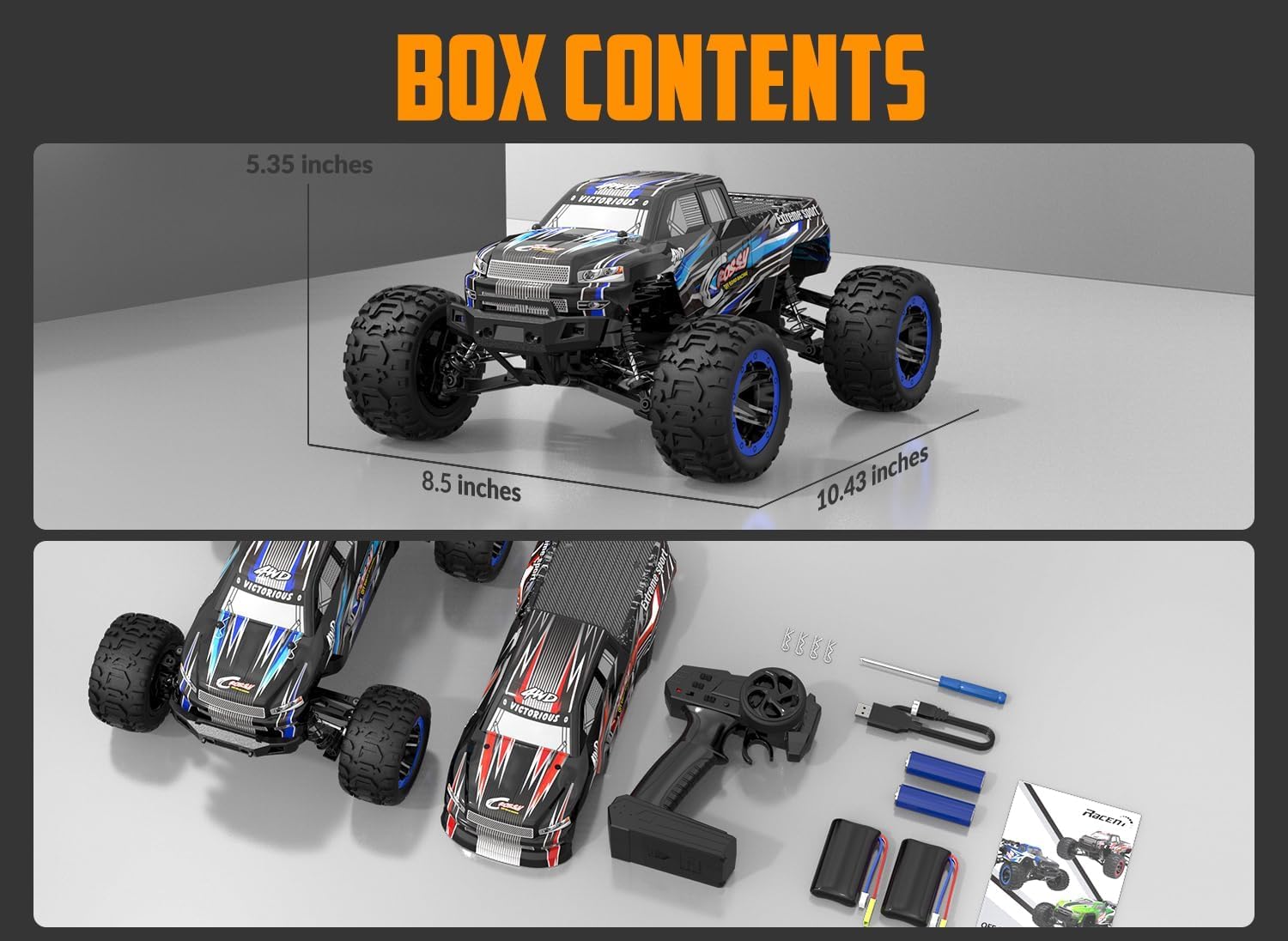 RACENT RC Car, 1:16 Scale All Terrain Monster Truck, 30MPH 4WD Off Road Fast Remote Control Toy 2.4Ghz High Speed Electric Vehicle with 2 Rechargeable Batteries, 40+ Min Play, Gift for Boys Adults