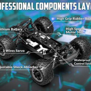 RACENT RC Car, 1:16 Scale All Terrain Monster Truck, 30MPH 4WD Off Road Fast Remote Control Toy 2.4Ghz High Speed Electric Vehicle with 2 Rechargeable Batteries, 40+ Min Play, Gift for Boys Adults