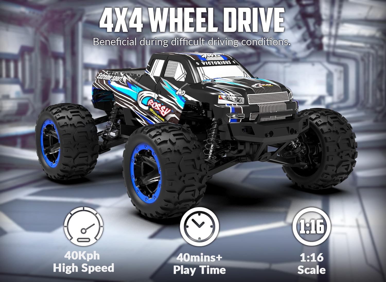 RACENT RC Car, 1:16 Scale All Terrain Monster Truck, 30MPH 4WD Off Road Fast Remote Control Toy 2.4Ghz High Speed Electric Vehicle with 2 Rechargeable Batteries, 40+ Min Play, Gift for Boys Adults