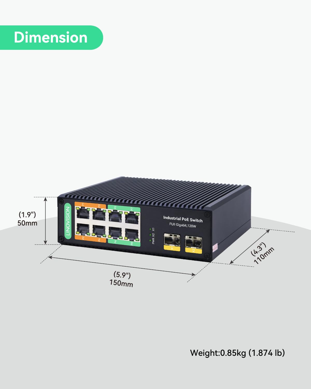 LINOVISION Industrial 8-Port Full Gigabit POE++ Switch with 4 BT 90W PoE Ports, 2 Gigabit SFP Uplinks, POE Budget 120W, POE Watchdog, DIN-Rail POE Switch for PTZ Camera/POE Lighting/ POE Monitor