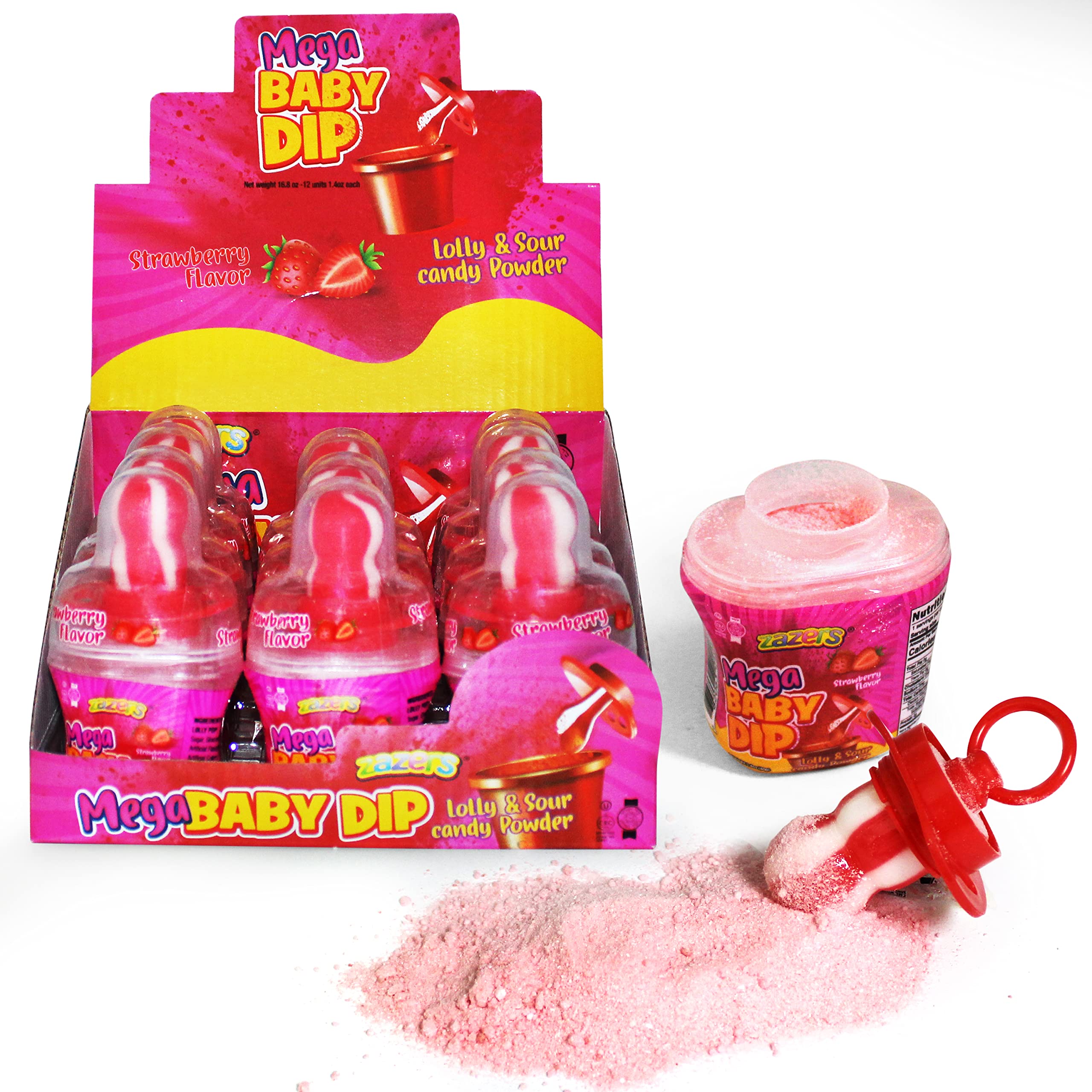 Zazers Mega Pacifier Lolly Baby Dip Candy Dippers - 12-Pack Strawberry Flavor Sour Powder Candy and Pacifier Novelty Candy Pop (Kosher, NET WT 16.8 OZ, 476g)