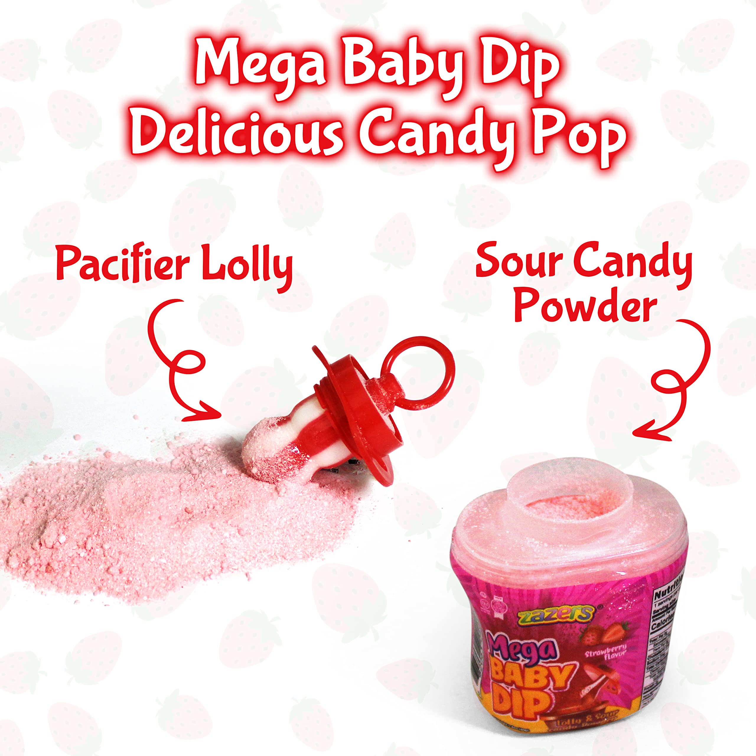 Zazers Mega Pacifier Lolly Baby Dip Candy Dippers - 12-Pack Strawberry Flavor Sour Powder Candy and Pacifier Novelty Candy Pop (Kosher, NET WT 16.8 OZ, 476g)