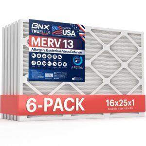 bnx trufilter 16x25x1 air filter merv 13 (6-pack) - made in usa - electrostatic pleated air conditioner hvac ac furnace filters for allergies, pollen, mold, bacteria, smoke, allergen, mpr 1900 fpr 10