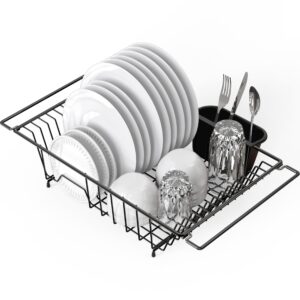 simple houseware large over sink counter top dish drainer drying rack with utensil holder, black