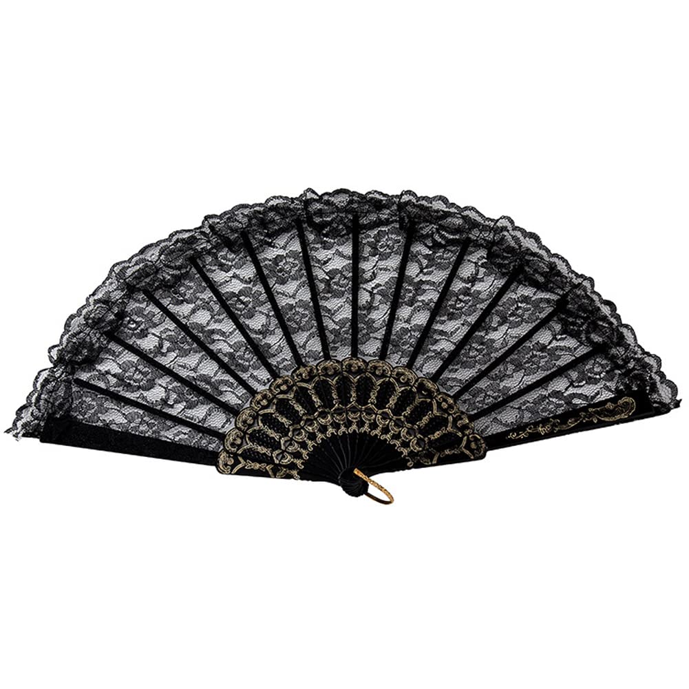 Teensery 2 Pcs Vintage Folding Fans Black Lace Handheld Fans Folding Hand Fans for Women and Girls