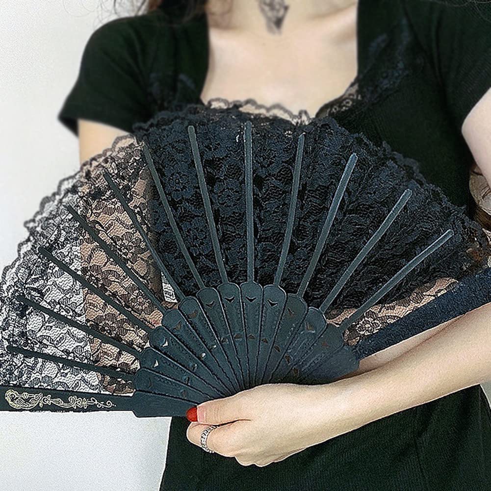 Teensery 2 Pcs Vintage Folding Fans Black Lace Handheld Fans Folding Hand Fans for Women and Girls