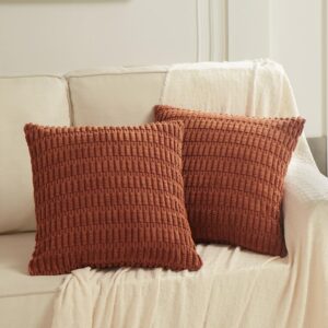 fancy homi 2 packs rust decorative throw pillow covers 18x18 inch for living room couch bed sofa, soft striped corduroy square cushion case 45x45 cm, terracotta rustic farmhouse boho home decor