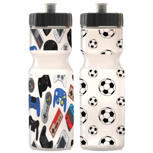 kids sports squeeze water bottle 2 pack - 22 oz. bpa free sport bottle w/ easy open push/pull cap - durable bottles perfect for boys & girls, school & sports - made in usa (video games & soccer)