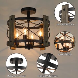 BrightHome Farmhouse Rustic Light Fixture Ceiling Mount, Semi Flush Mount Ceiling Light Fixture, 4-Light Black Industrial Retro Washed Ceiling Light for Kitchen Dining Room Bedroom Hallway Bathroom