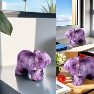 QINJIEJIE Amethyst Elephant Decor Statue Crystals Decor Healing Stones Crystal Purple Pocket Figurines Cute Hand Carved Sculpture Gemstones Spiritual Home Office Desk Decorations Gifts for Women Men