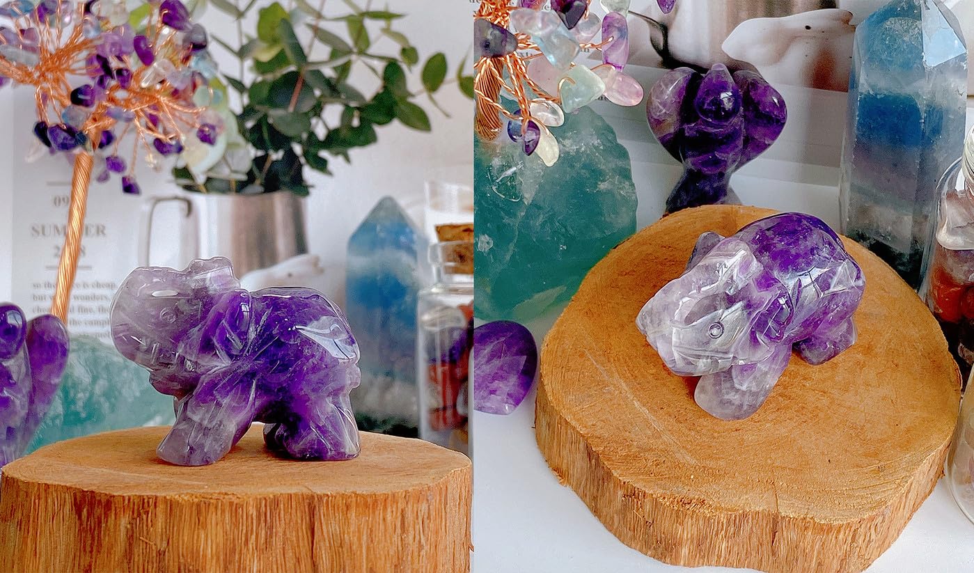 QINJIEJIE Amethyst Elephant Decor Statue Crystals Decor Healing Stones Crystal Purple Pocket Figurines Cute Hand Carved Sculpture Gemstones Spiritual Home Office Desk Decorations Gifts for Women Men