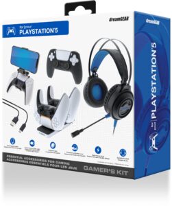 dreamgear gamers kit for playstation 5: gaming headset with 50mm drivers, ps5 controller charger, adjustable phone mount, usb-c cable, protective cover and caps