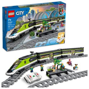 lego city express passenger train set, 60337 remote controlled toy, gifts for kids, boys & girls with working headlights, 2 coaches and 24 track pieces