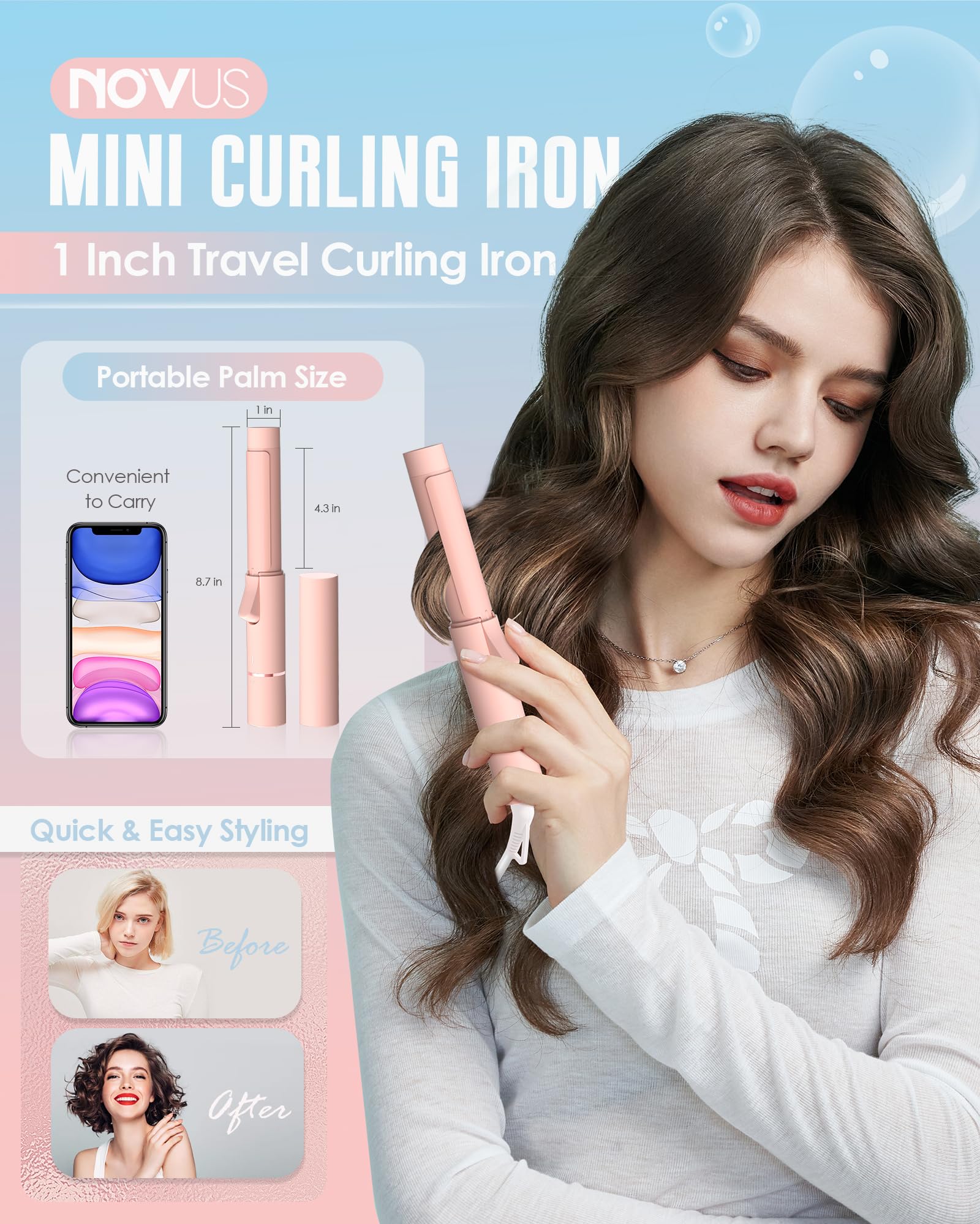 NOVUS Mini Curling Iron for Short Hair,Travel Curling Iron,Ceramic Small Curling Wand,Barrel Hair Curling Iron 1 Inch Heat-Up Fast,Pink Portable Hair Curler