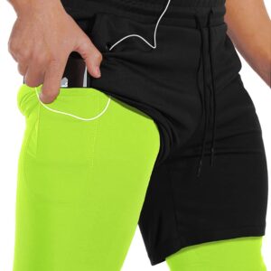 JWJ Men's Running Athletic Workout Sports Mens 2 in 1 Shorts Breathable Gym Short for Men with Pocket, Fluorescent Green Small