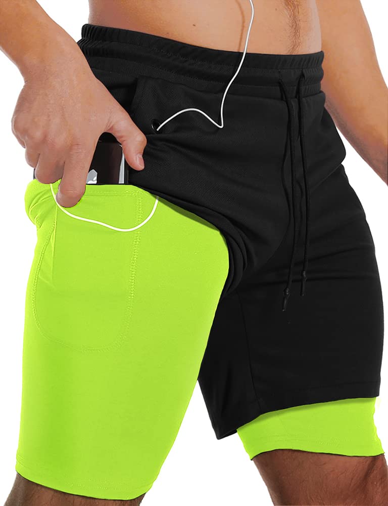 JWJ Men's Running Athletic Workout Sports Mens 2 in 1 Shorts Breathable Gym Short for Men with Pocket, Fluorescent Green Small