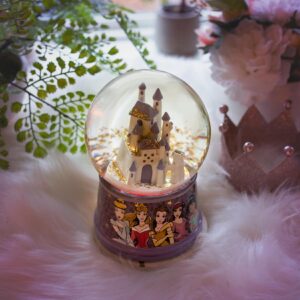 Silver Buffalo Disney Princess Castle Featuring Cinderella, Aurora, Belle, Ariel, and Jasmine Light Up Snow Globe, 100mL