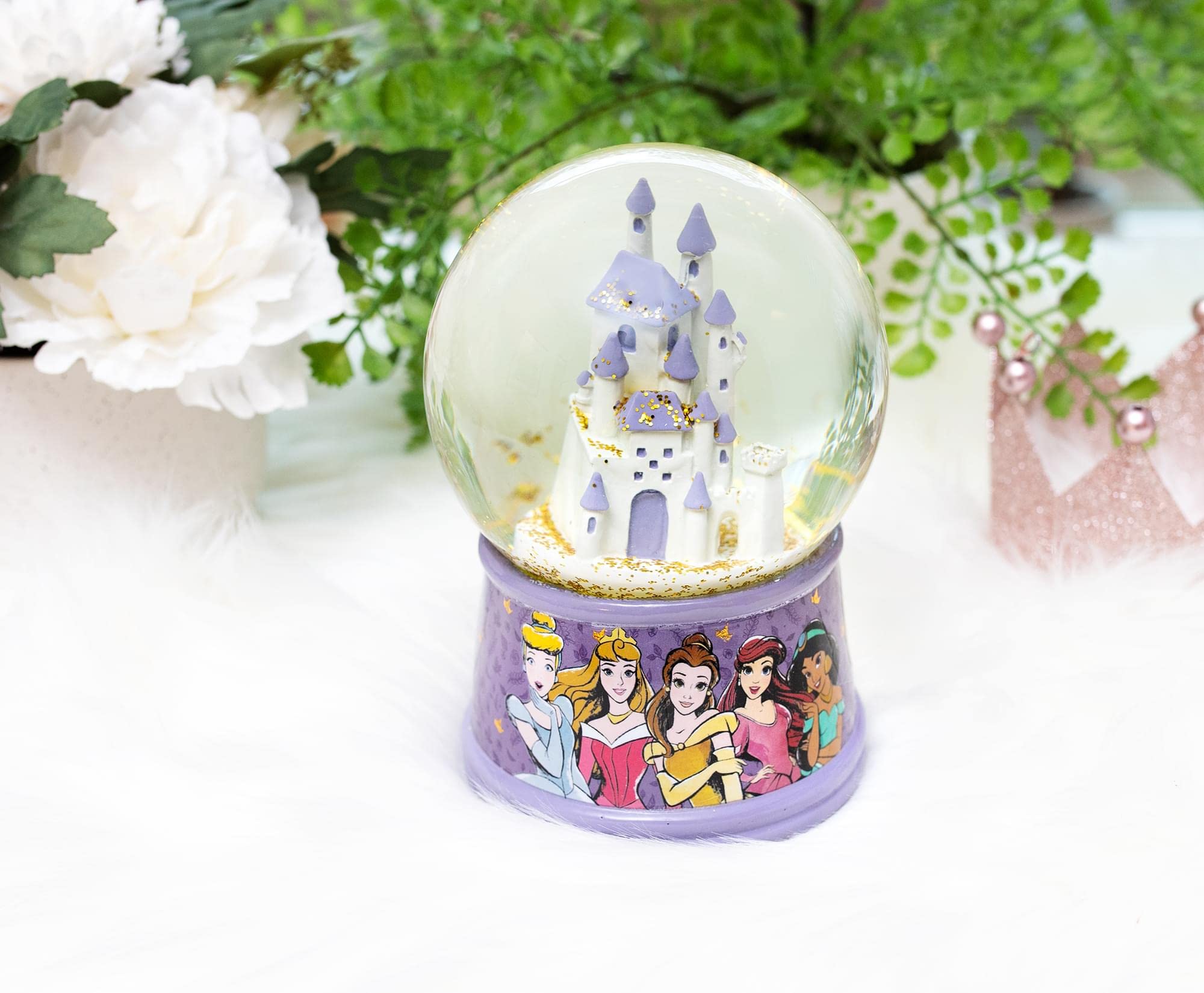 Silver Buffalo Disney Princess Castle Featuring Cinderella, Aurora, Belle, Ariel, and Jasmine Light Up Snow Globe, 100mL