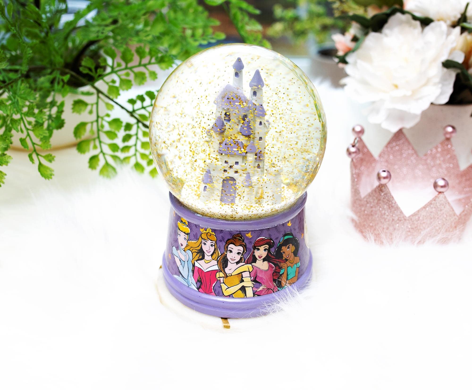 Silver Buffalo Disney Princess Castle Featuring Cinderella, Aurora, Belle, Ariel, and Jasmine Light Up Snow Globe, 100mL