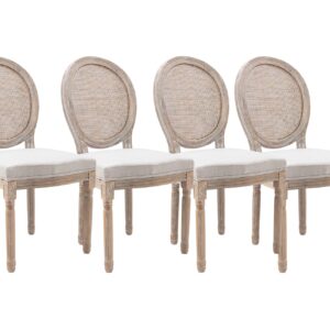 Kmax Farmhouse Dining Room Chairs, Fabric French Distressed Bedroom Chairs with Round Rattan Back, Elegant Tufted Kitchen Chairs, Set of 4, Beige