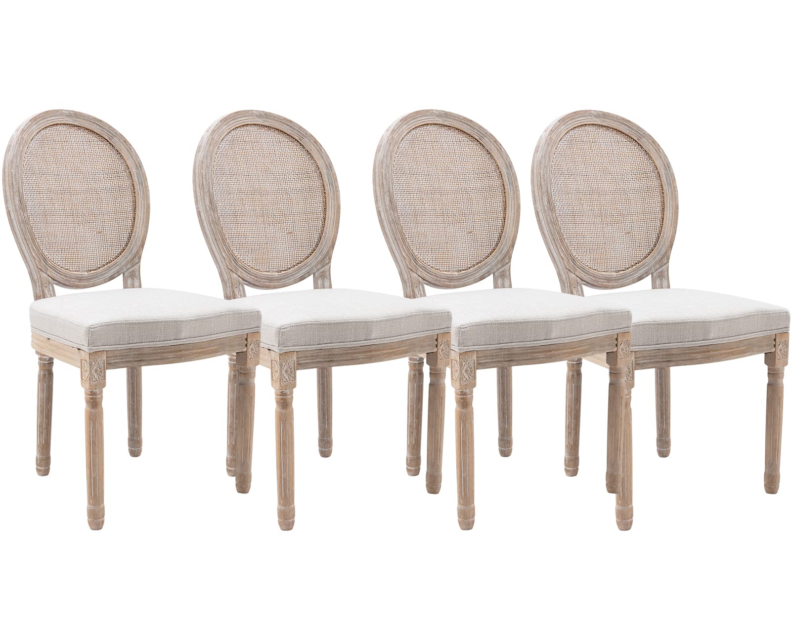 Kmax Farmhouse Dining Room Chairs, Fabric French Distressed Bedroom Chairs with Round Rattan Back, Elegant Tufted Kitchen Chairs, Set of 4, Beige