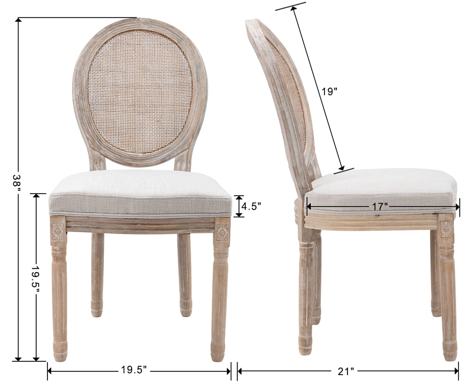 Kmax Farmhouse Dining Room Chairs, Fabric French Distressed Bedroom Chairs with Round Rattan Back, Elegant Tufted Kitchen Chairs, Set of 4, Beige