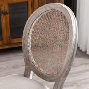 Kmax Farmhouse Dining Room Chairs, Fabric French Distressed Bedroom Chairs with Round Rattan Back, Elegant Tufted Kitchen Chairs, Set of 4, Beige