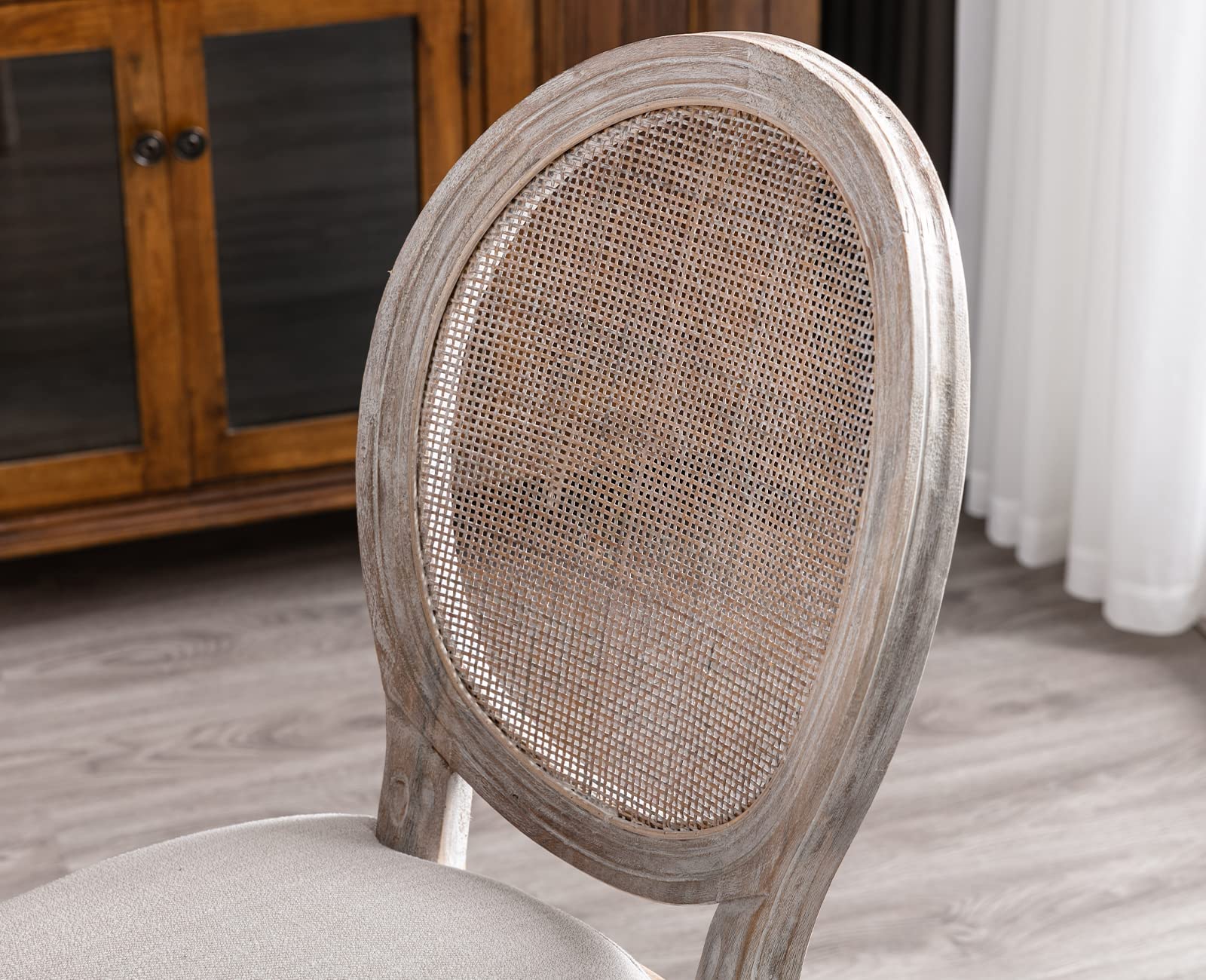 Kmax Farmhouse Dining Room Chairs, Fabric French Distressed Bedroom Chairs with Round Rattan Back, Elegant Tufted Kitchen Chairs, Set of 4, Beige