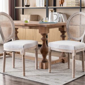 Kmax Farmhouse Dining Room Chairs, Fabric French Distressed Bedroom Chairs with Round Rattan Back, Elegant Tufted Kitchen Chairs, Set of 4, Beige