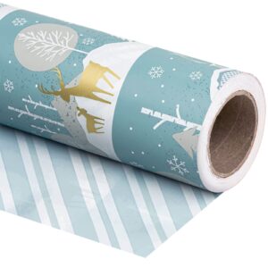 wrapaholic reversible christmas wrapping paper - 30 inch x 100 feet jumbo roll blue and white reindeer family holiday landscape and stripe design