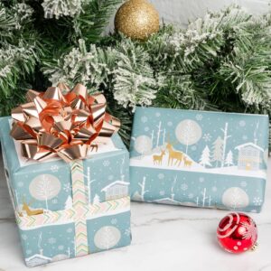 WRAPAHOLIC Reversible Christmas Wrapping Paper - 30 Inch X 100 Feet Jumbo Roll Blue and White Reindeer Family Holiday Landscape and Stripe Design