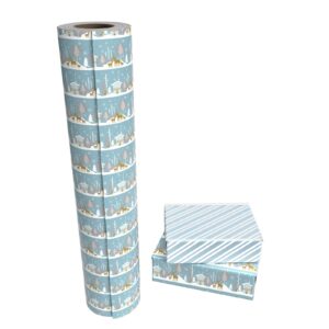 WRAPAHOLIC Reversible Christmas Wrapping Paper - 30 Inch X 100 Feet Jumbo Roll Blue and White Reindeer Family Holiday Landscape and Stripe Design