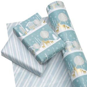 WRAPAHOLIC Reversible Christmas Wrapping Paper - 30 Inch X 100 Feet Jumbo Roll Blue and White Reindeer Family Holiday Landscape and Stripe Design