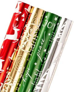 wrapaholic christmas wrapping paper roll - red green gold and silver snowflakes trees holiday collection with metallic foil shine - 4 rolls - 30 inch x 120 inch per roll