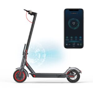 aovopro electric scooter - 8.5" solid tires, 350w motor, up to 20 miles long-range and 19 mph portable foldable commuting scooter for adults with double braking system and app, black