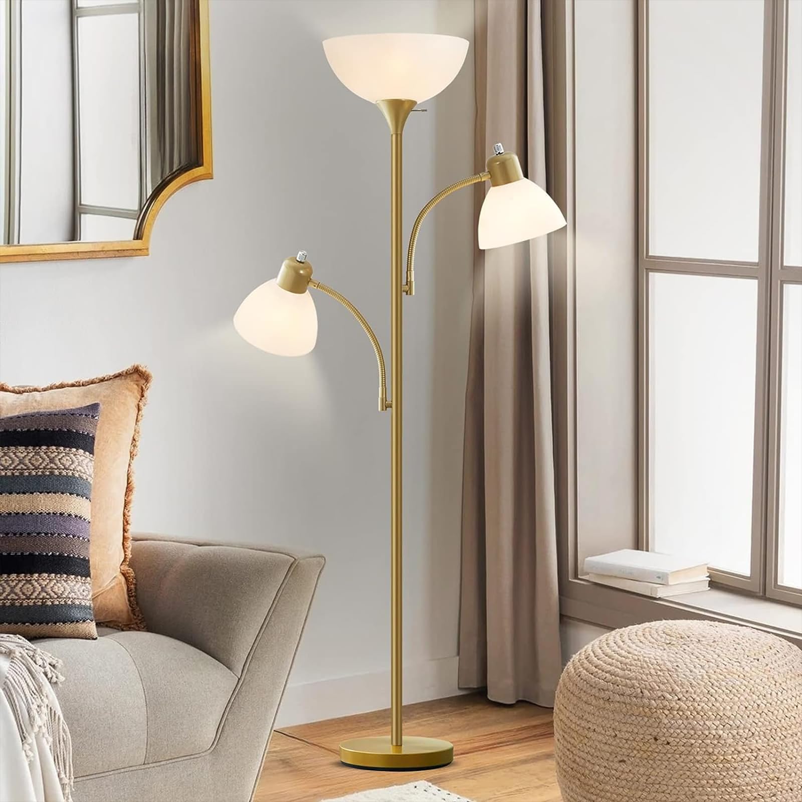 Luvkczc Torchiere Floor Lamps for Living Room, 3 Light Tree Floor Lamp, Gold Modern Tall Standing Lamps, Industrial Bright Floor Lamp for Bedroom, Office, Dresser, 3 LED Bulbs Included