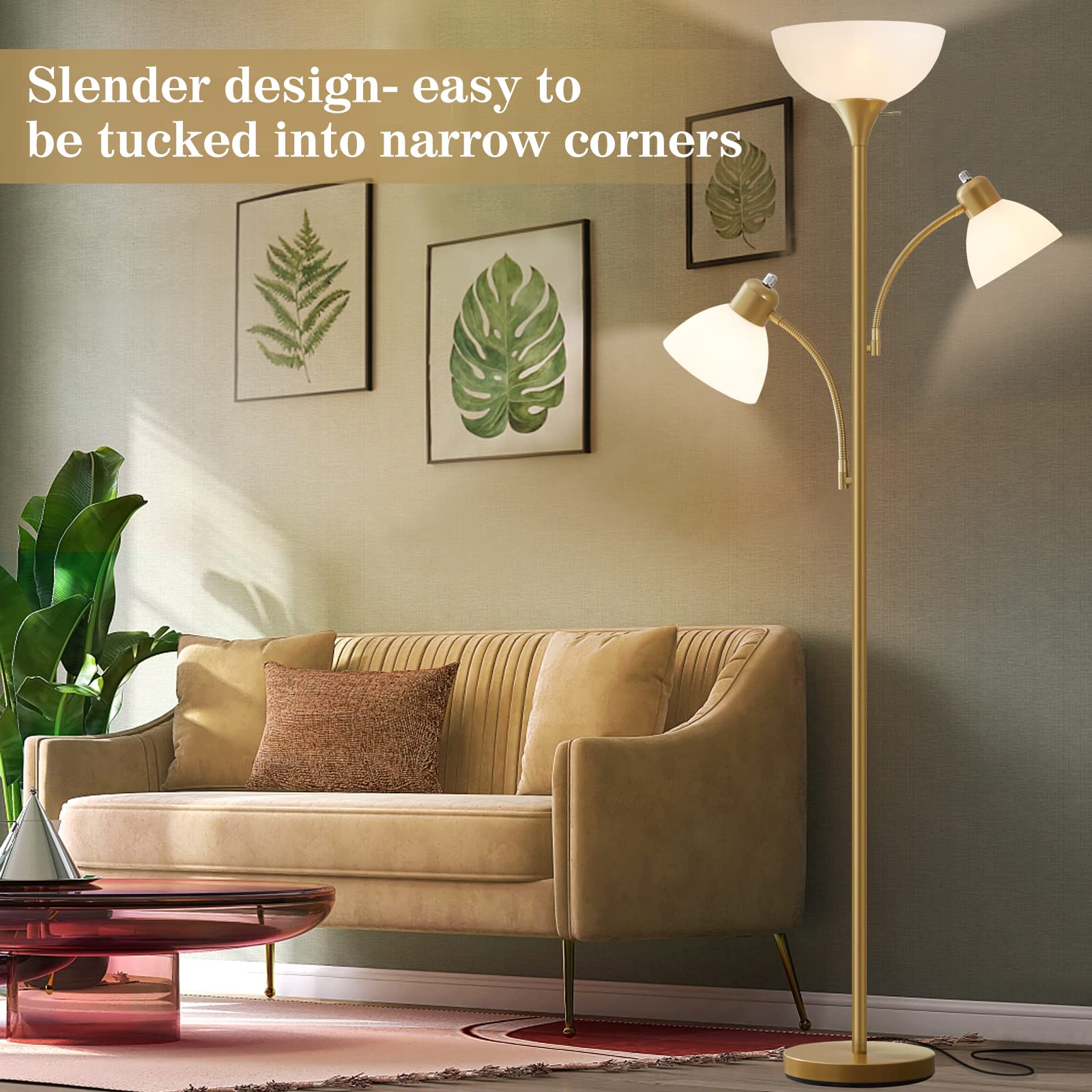 Luvkczc Torchiere Floor Lamps for Living Room, 3 Light Tree Floor Lamp, Gold Modern Tall Standing Lamps, Industrial Bright Floor Lamp for Bedroom, Office, Dresser, 3 LED Bulbs Included