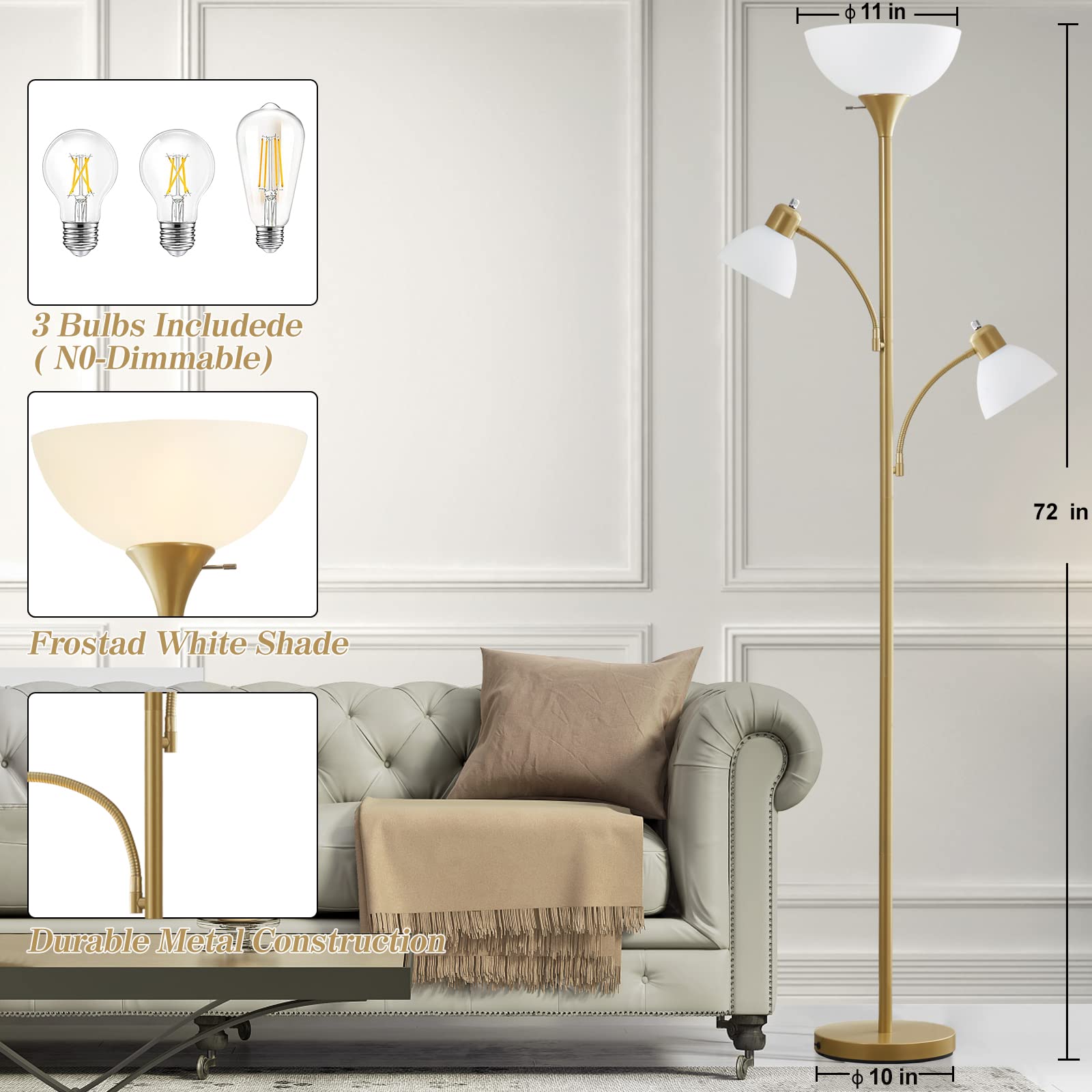 Luvkczc Torchiere Floor Lamps for Living Room, 3 Light Tree Floor Lamp, Gold Modern Tall Standing Lamps, Industrial Bright Floor Lamp for Bedroom, Office, Dresser, 3 LED Bulbs Included