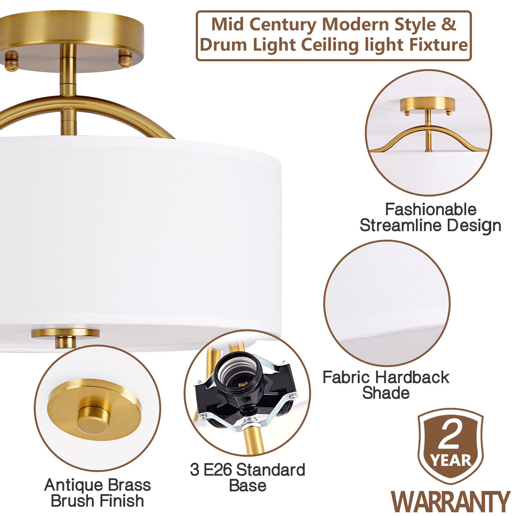 Bargeni Flush Mount Ceiling Light,13 inch Mid Century Modern Ceiling Light Fixture,Antique Brass with Fabric Shade,3-Light Drum Light Fixture for Bedroom,Dinning Room,Foyer and Kitchen