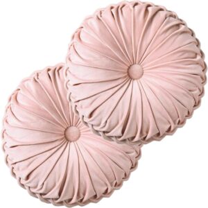 hig set of 2 decorative round pleated throw pillows, classy accent pumpkin throw pillows with center button, vintage velvet floor pillows for sofa couch vanity chair bed, pink, 14.5" diameter(ripple)