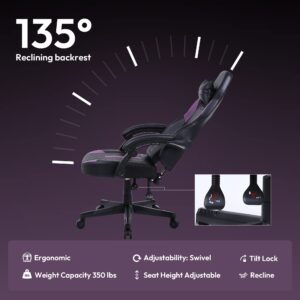 Dowinx Gaming Chair with Pocket Spring Cushion, Ergonomic Computer Chair High Back, Reclining Game Chair Pu Leather 350LBS, Purple