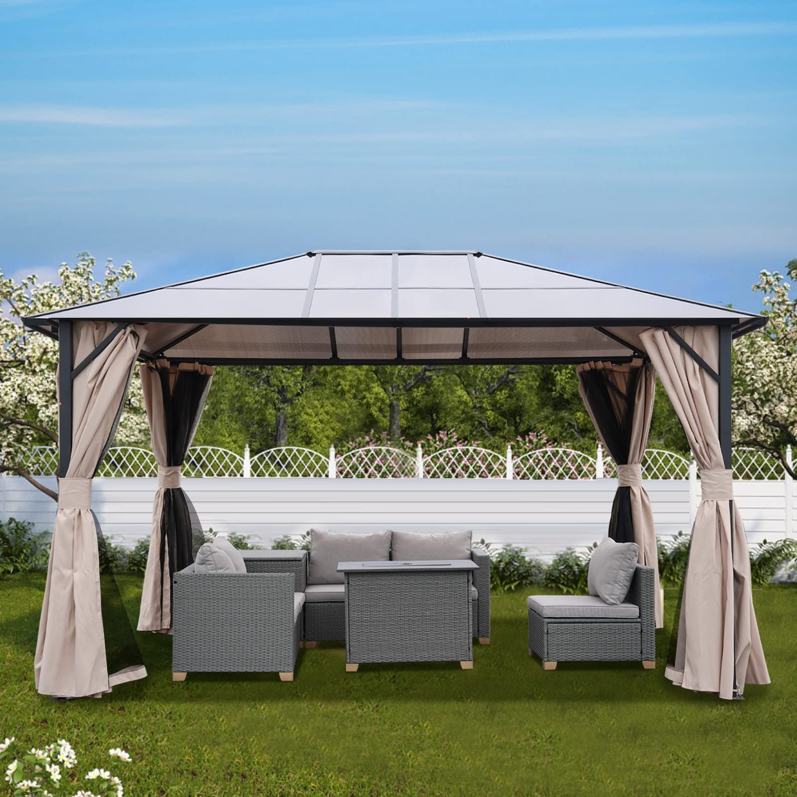 Grand Patio 10'x13' Gazebo Outdoor Hardtop Polycarbonate Gazebo Canopy with Netting and Curtains for Garden, Patio, Backyard