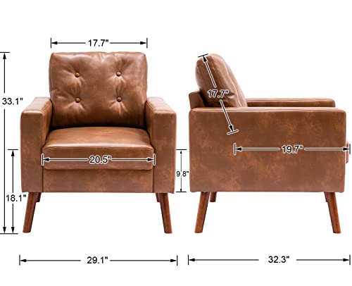 Wahson Office Chairs PU Accent Arm Chair with Tufted Back, Faux Leather Comfy Upholstered Single Sofa, Mid Century Modern Side Club Chair with Wood Legs for Reading/Living Room/Bedroom, Caramel