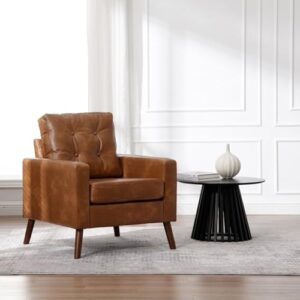 wahson office chairs pu accent arm chair with tufted back, faux leather comfy upholstered single sofa, mid century modern side club chair with wood legs for reading/living room/bedroom, caramel