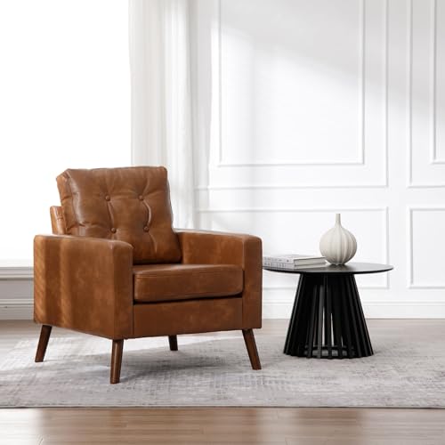 Wahson Office Chairs PU Accent Arm Chair with Tufted Back, Faux Leather Comfy Upholstered Single Sofa, Mid Century Modern Side Club Chair with Wood Legs for Reading/Living Room/Bedroom, Caramel