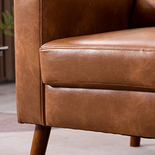 Wahson Office Chairs PU Accent Arm Chair with Tufted Back, Faux Leather Comfy Upholstered Single Sofa, Mid Century Modern Side Club Chair with Wood Legs for Reading/Living Room/Bedroom, Caramel