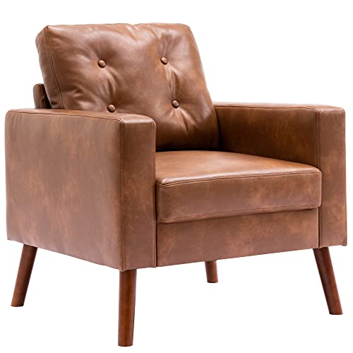 Wahson Office Chairs PU Accent Arm Chair with Tufted Back, Faux Leather Comfy Upholstered Single Sofa, Mid Century Modern Side Club Chair with Wood Legs for Reading/Living Room/Bedroom, Caramel