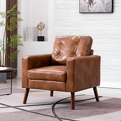 Wahson Office Chairs PU Accent Arm Chair with Tufted Back, Faux Leather Comfy Upholstered Single Sofa, Mid Century Modern Side Club Chair with Wood Legs for Reading/Living Room/Bedroom, Caramel